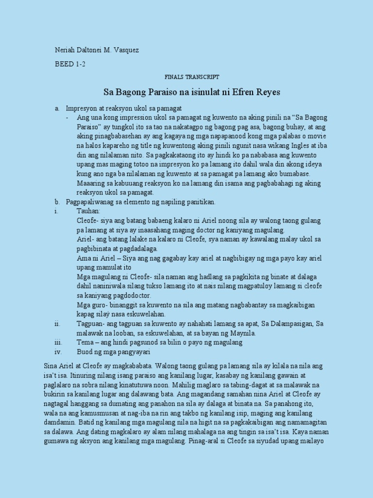 Ang Bagong Paraiso Na Isinulat Ni Efren Reyes | PDF