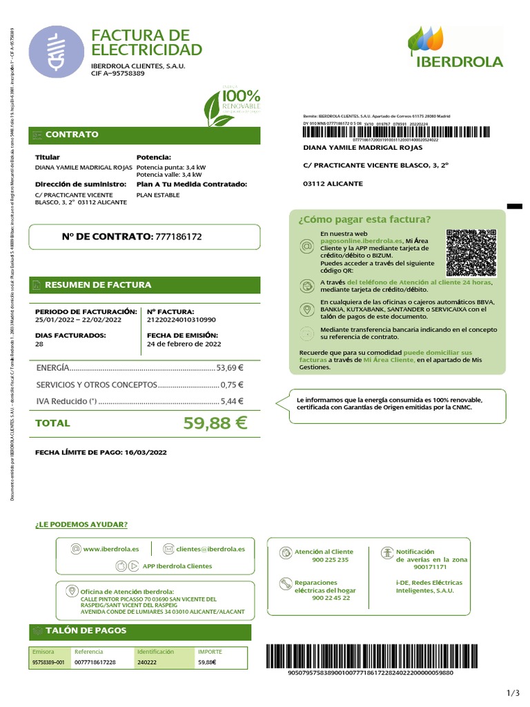 Factura de Electricidad Iberdrola 2022 | PDF | Tarjeta de débito ...