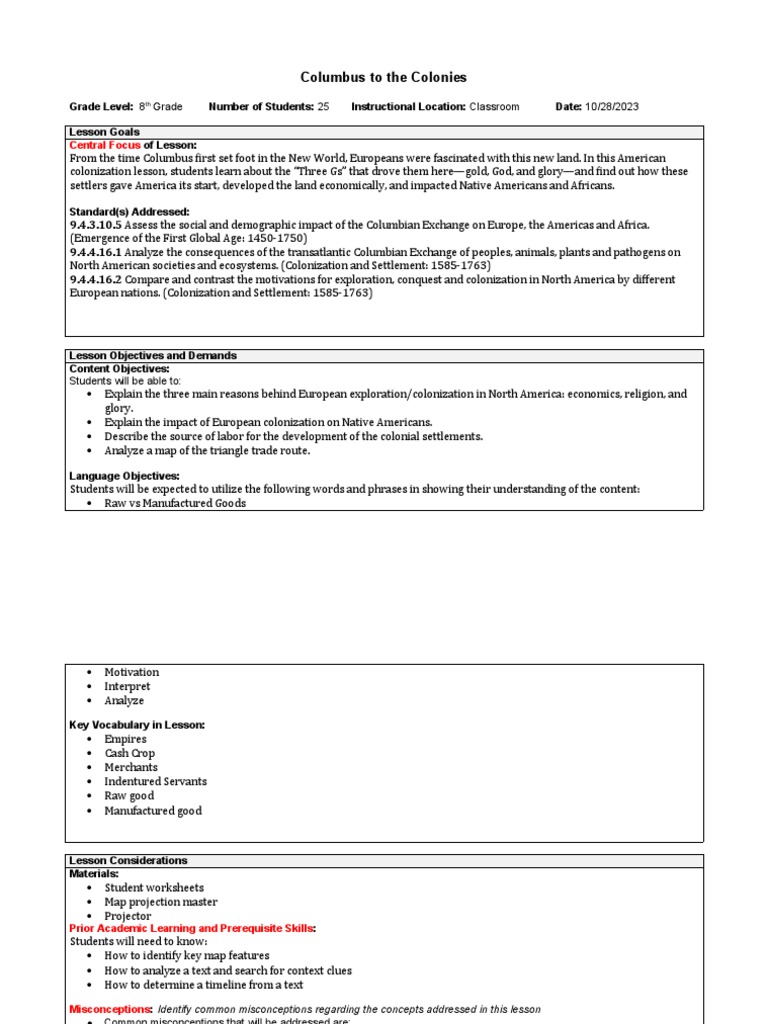 Columbus To The Colonies Lesson Plan | Download Free PDF | European ...