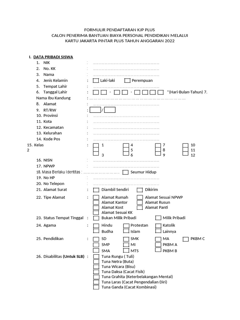 1.formulir Pendaftaran KJP | PDF