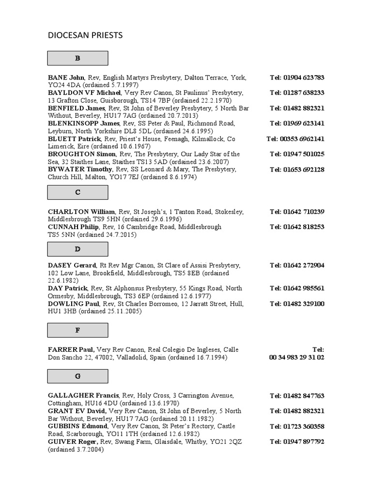 Middlesbrough Diocese Clergy Directory | PDF | Catholic Orders And ...