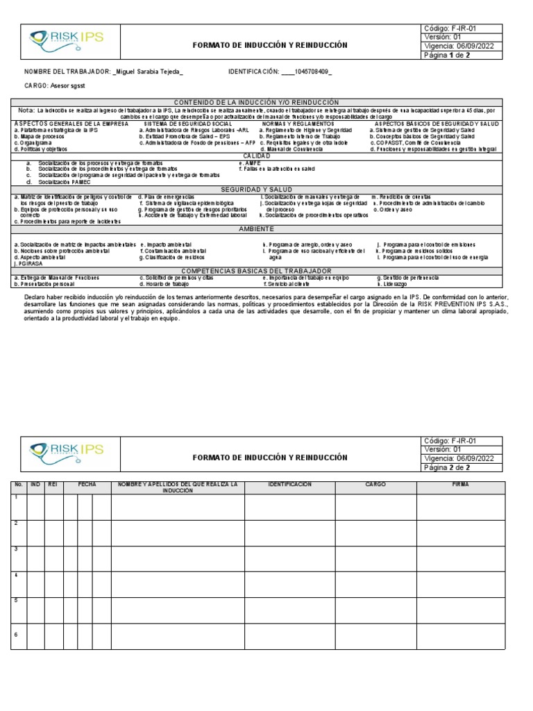 Formato de Inducción y Reinducción | PDF