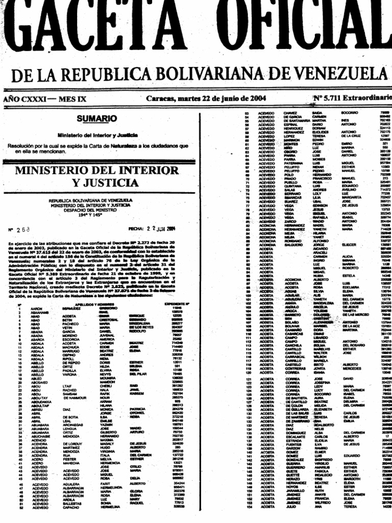 Gaceta de Naturalizados Nro 5711 Del 22 de Julio de 2004 | PDF