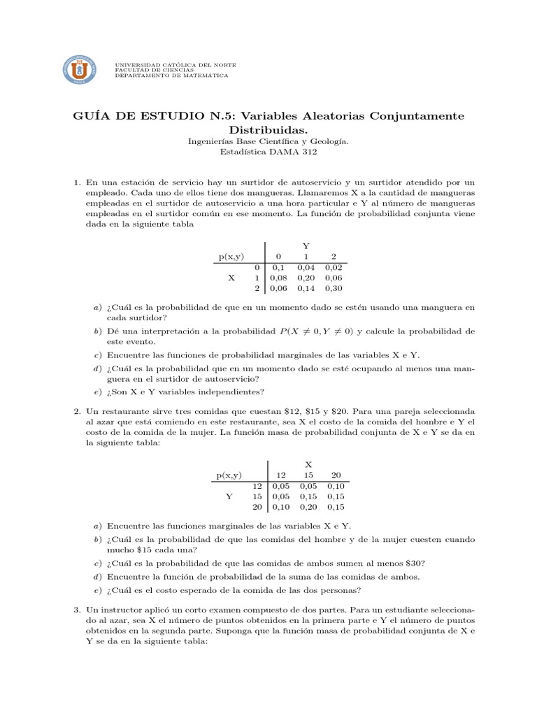 GUÍA de ESTUDIO 5 - Variables Aleatorias Conjuntamente Distribuidas | PDF | Variable aleatoria ...