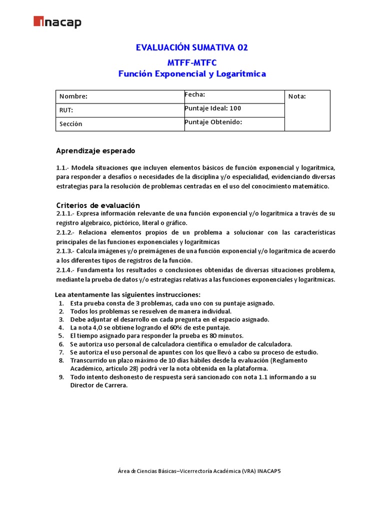 Evaluacion Sumativa U2 Forma 5 | PDF | Evaluación | Logaritmo