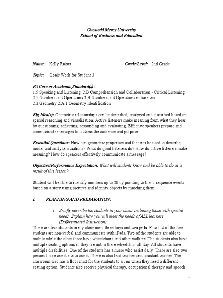 Esy Lesson Plan Student 3 Pdf Educational Assessment Classroom