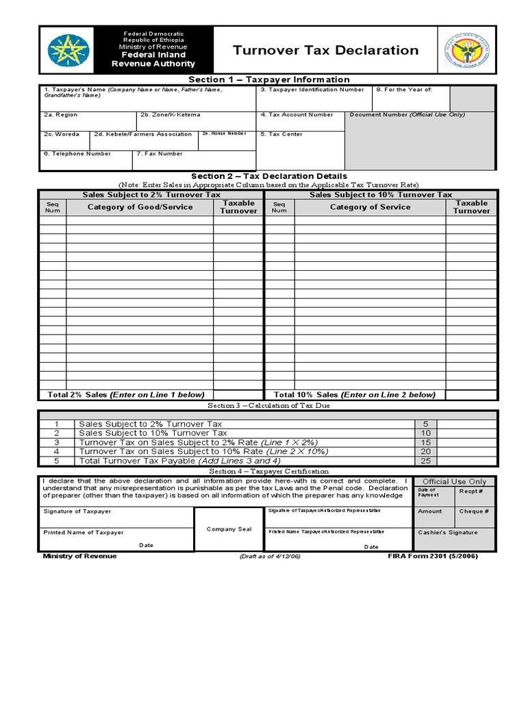 Turnover Tax Declaration Form 2301 | PDF | Taxes | Revenue