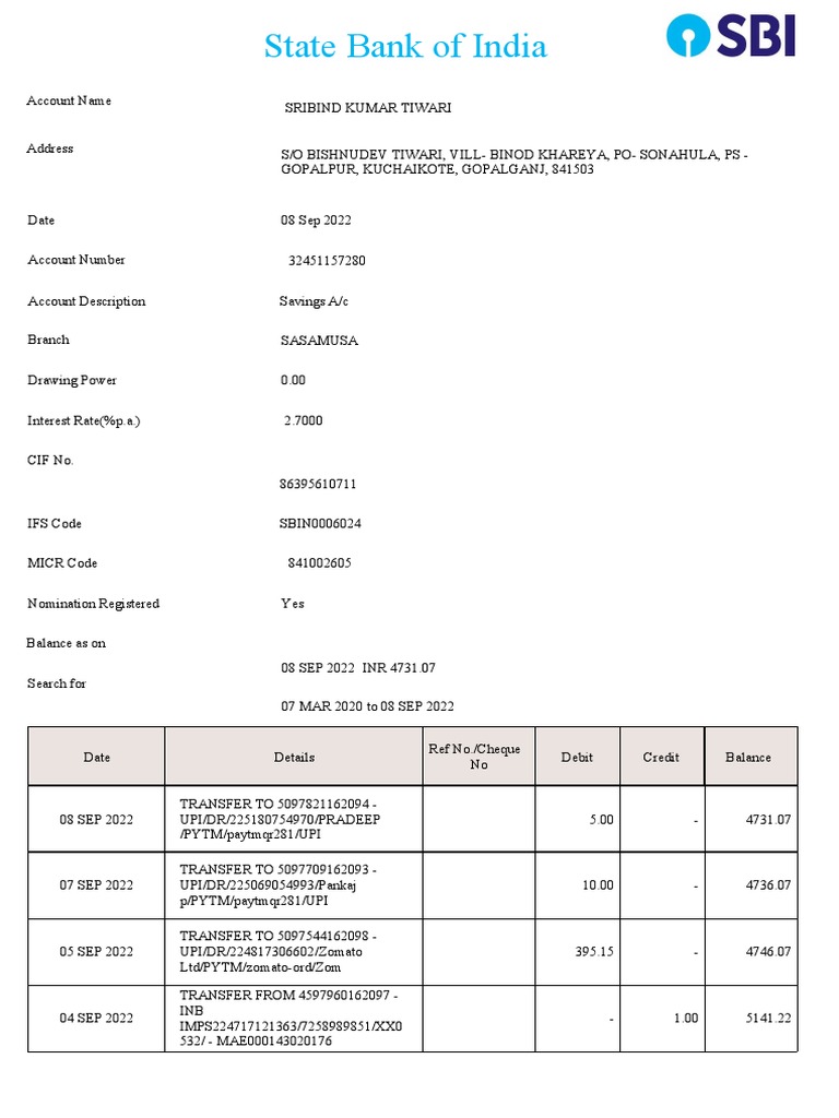 State Bank savings account statement | PDF | Economies | Payments