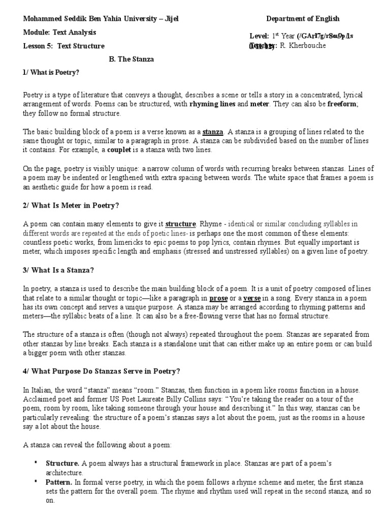 Lesson 5 Stanza in Poetry | PDF | Poetry | Metre (Poetry)
