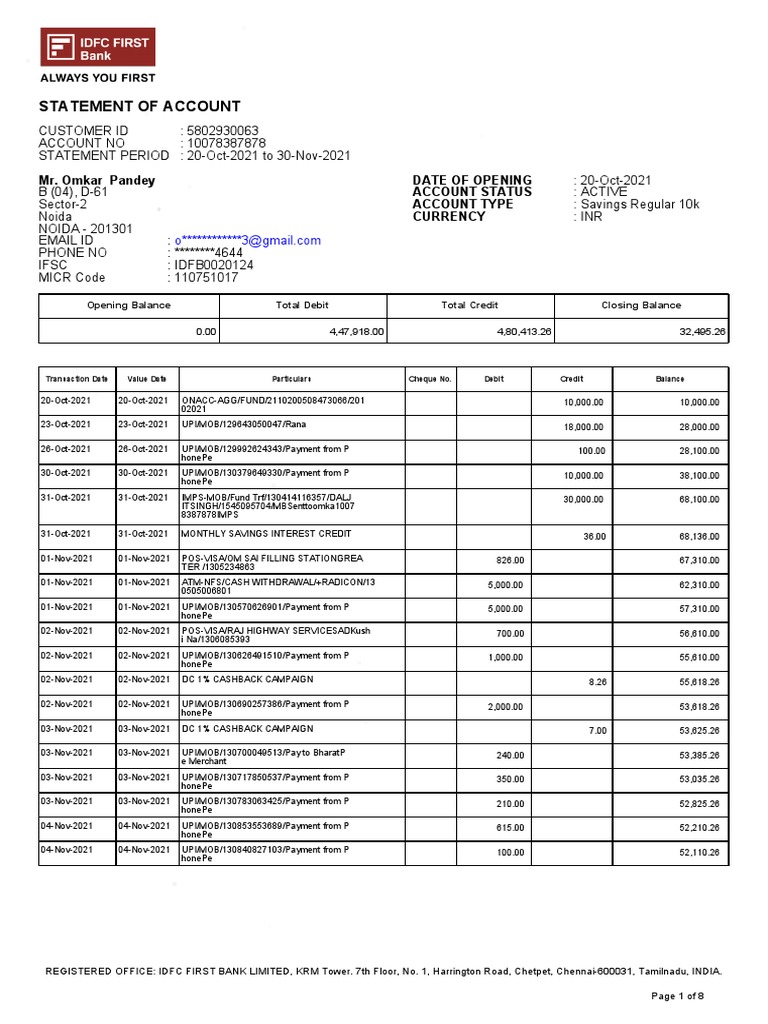 IDFCFIRSTBankstatement 10078387878 130042647 | PDF | Payments | Credit Card