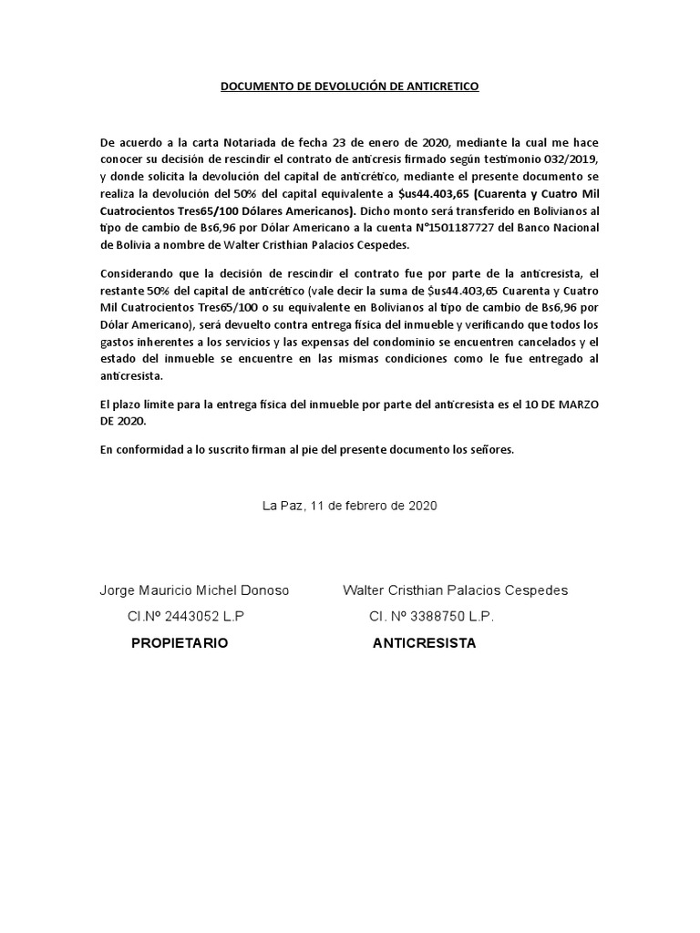 Documento de Devolución de Anticretico | PDF