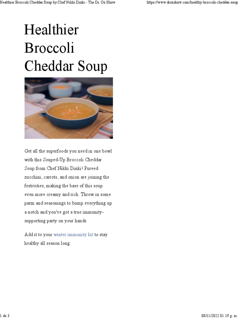 Healthier Broccoli Cheddar Soup by Chef Nikki Dinki - The Dr. Oz Show ...