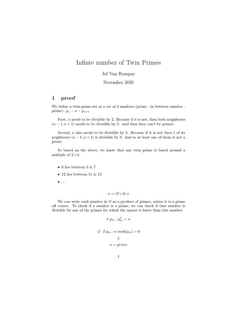 Infinte Number of Twin Primes | PDF | Combinatorics | Discrete Mathematics