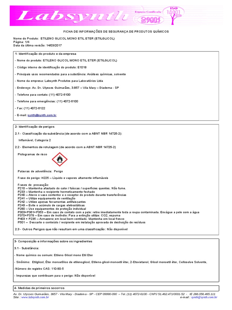 FISPQ - Etileno Glicol Mono Etil Eter | PDF | Solvente | Ciências Físicas