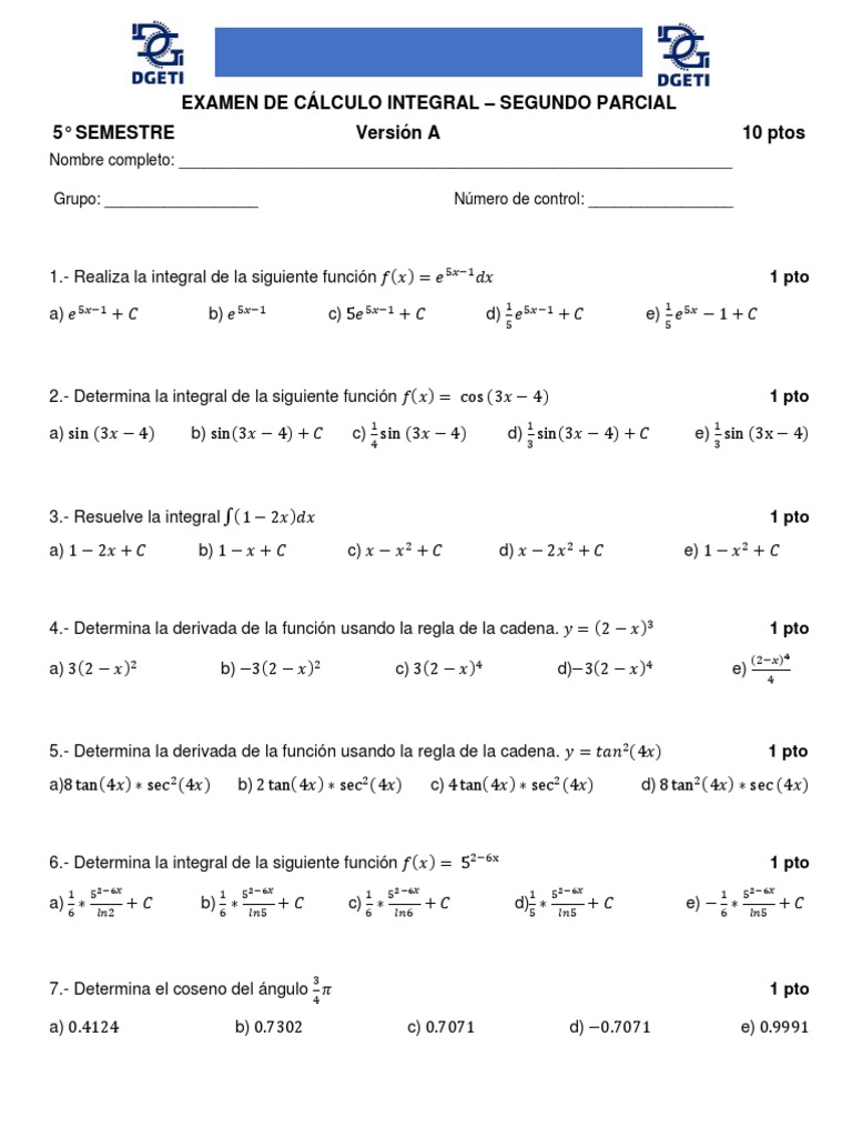 Examen de Cálculo Integral-Segundo Parcial Versión A | PDF | Integral | Matemáticas