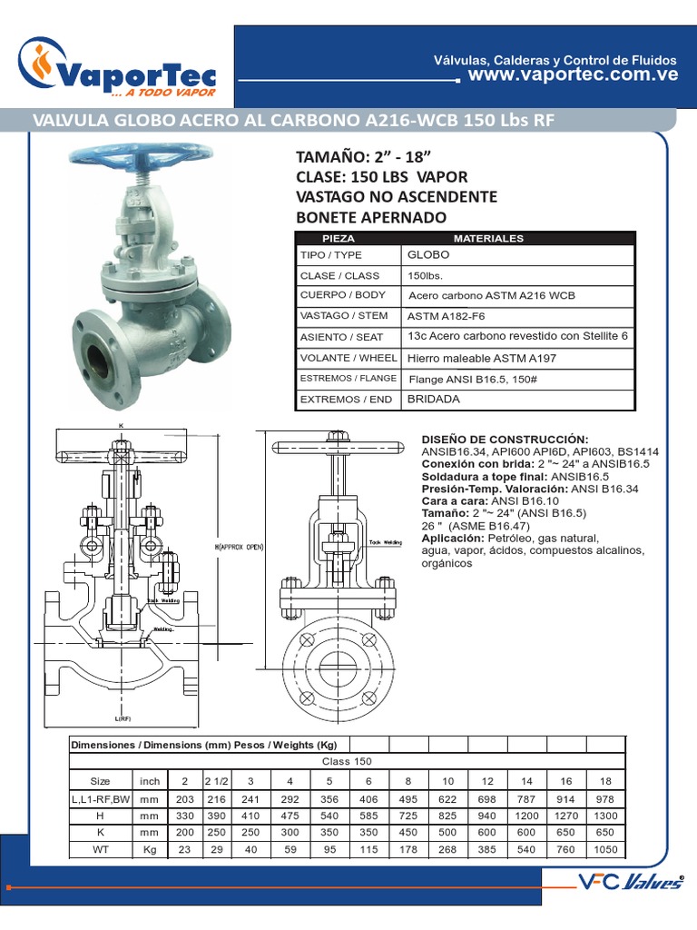 Ficha Tecnica Válvulas de Globo 150 LBS RF | PDF | Ingeniería mecánica | Materiales