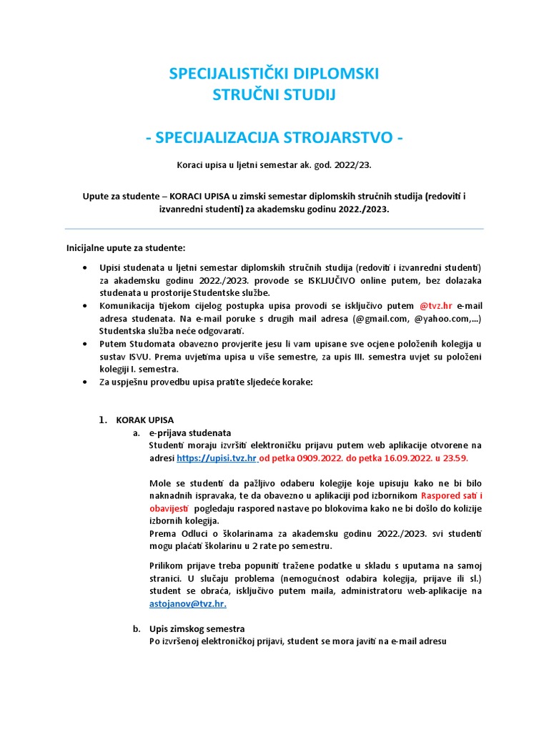 Upisi Zimski Sem Spec. Stro 2022-23 | PDF