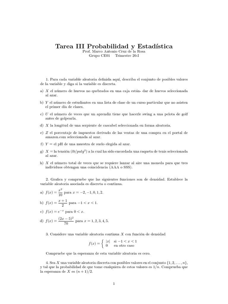 Tarea III | PDF | Variable aleatoria | Función de densidad de probabilidad