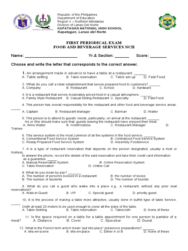 1st Quarter Exam in FBS | PDF | Restaurants | Foodservice