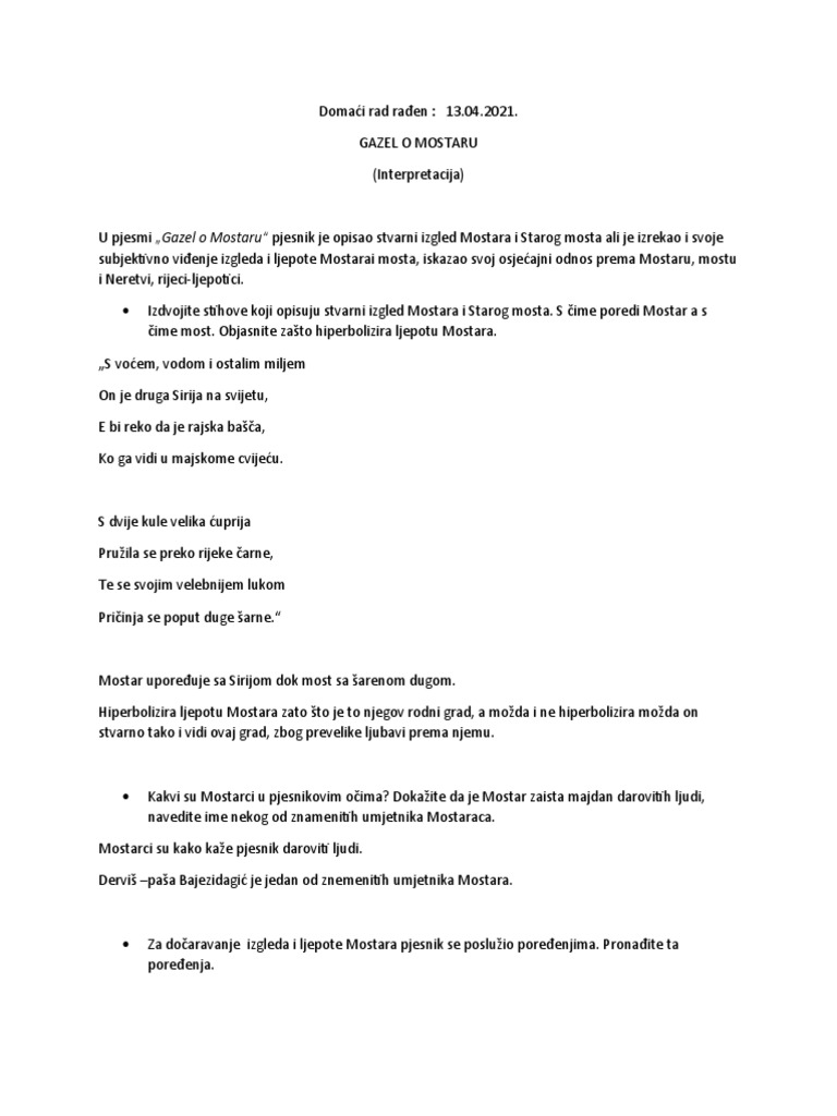 Gazel o Mostaru (Interpretacija) | PDF