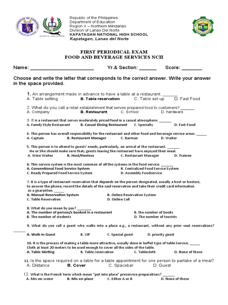 Fbs Ncii Exam Answer Key | PDF | Restaurants | Foodservice