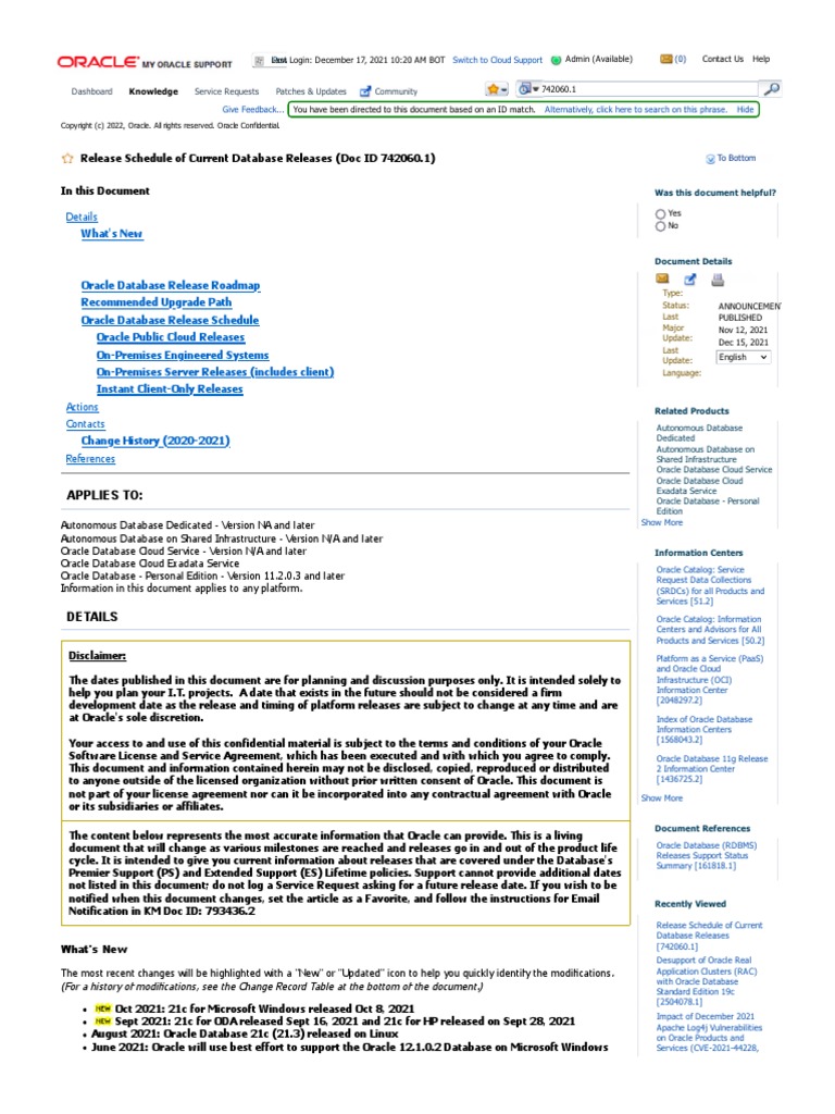 Release Schedule of Current Database Releases (Doc ID 742060.1) | PDF ...
