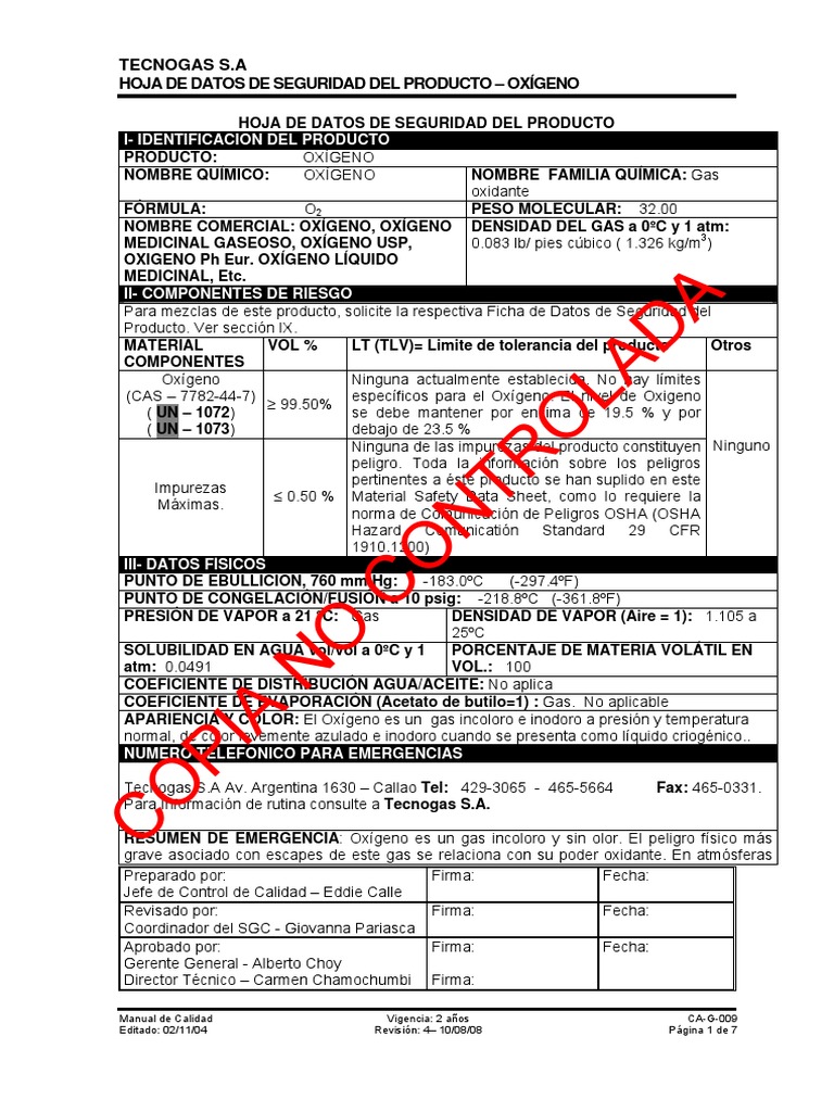 Ca-G-009 Hoja de Datos de Seguridad - Oxigeno | PDF | Oxígeno | Agua