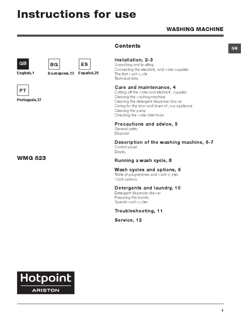 Hotpoint-Ariston WMG 823 EU Washing Machine | PDF | Washing Machine