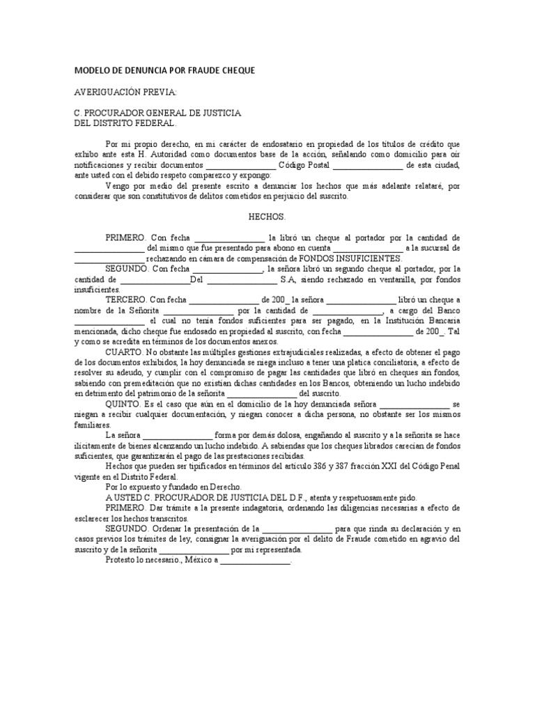 Modelo De Denuncia Por Fraude Cheque Pdf Cheque Bancos