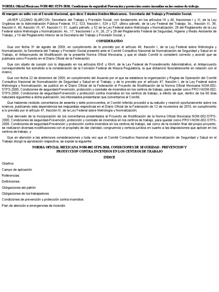NORMA Oficial Mexicana NOM-002-STPS-2010, Condiciones de Seguridad ...