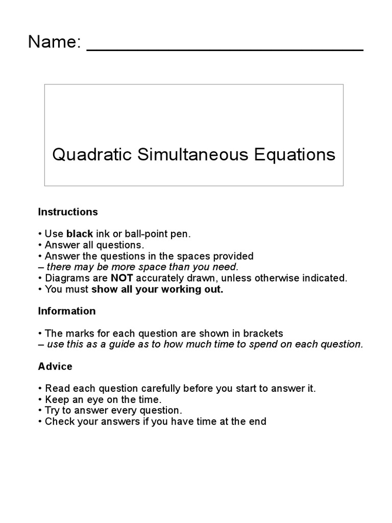 Quadratic Simultaneous Equations Pdf Equations Mathematics