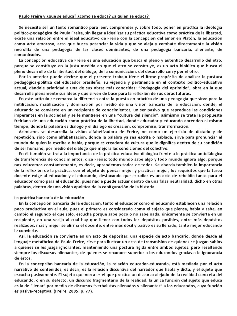 Paulo Freire y La Educación | PDF | marxismo | Pensamiento