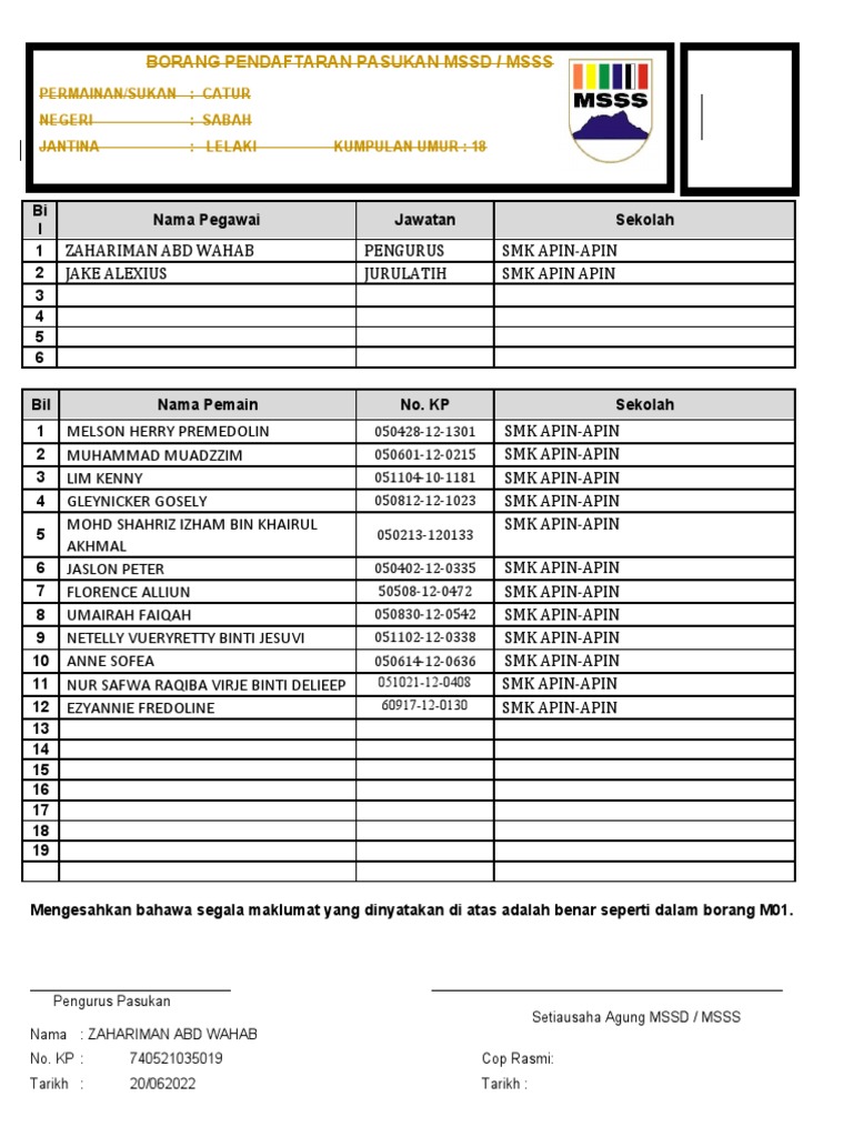 Borang Pendaftaran Pasukan MSSD | PDF