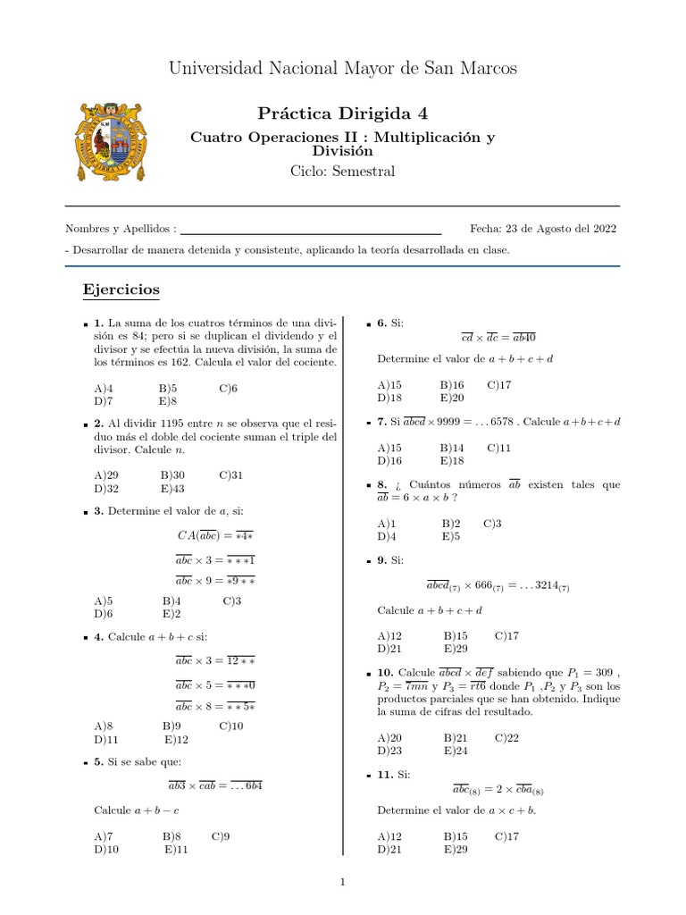 Práctica Dirigida 4 Grupo 2 | PDF | División (Matemáticas) | Álgebra abstracta