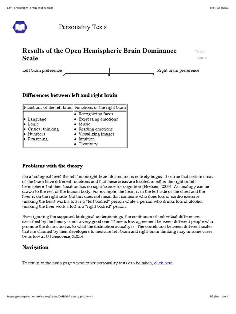 Left-Brain:right-Brain Test Results | PDF | Lateralization Of Brain ...