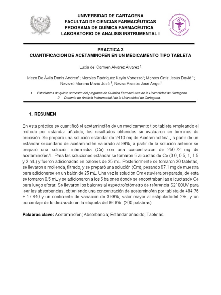 Practica 3 Lucy Acetaminofen en Tabletas | PDF | Química analítica ...