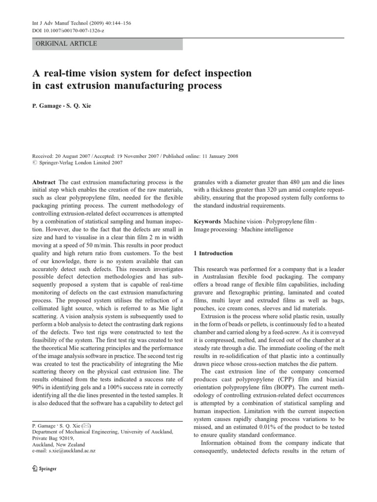 A Real-Time Vision System For Defect Inspection in Cast Extrusion Manufacturing Process | PDF ...