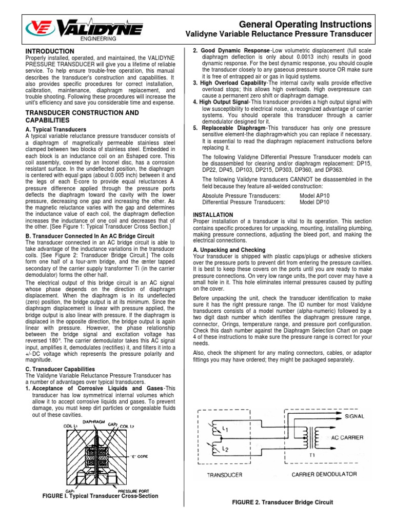 General Operating Instructions for Validyne Pressure Transducers | PDF | Pipe (Fluid Conveyance ...