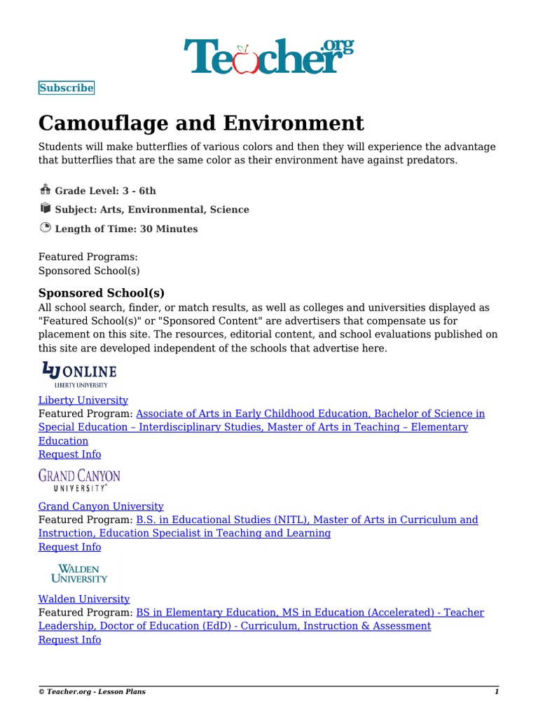 Camouflage and Environment Lesson | Download Free PDF | Lesson Plan ...