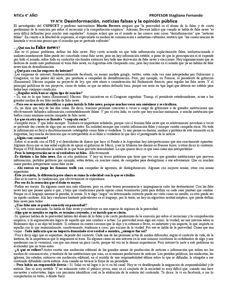 TP N°9 Desinformacion Noticias Falsas y Opinion Publica | PDF | Libertad de expresión