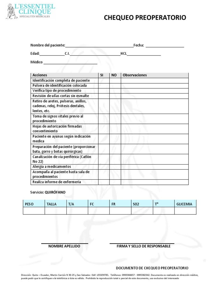 Formato Chequeo Preoperatorio | PDF
