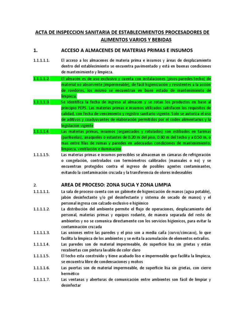 Acta de Inspeccion Sanitaria de Establecimientos Procesadores de Alimentos Varios y Bebidas ...