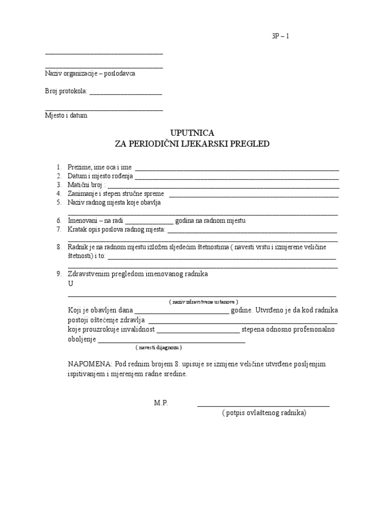 Uputnica Za Periodični Ljekarski Pregled: (Naziv Zdravstvene Ustanove ...