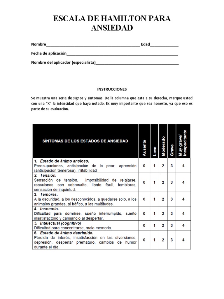 Escala de Hamilton para Ansiedad | PDF