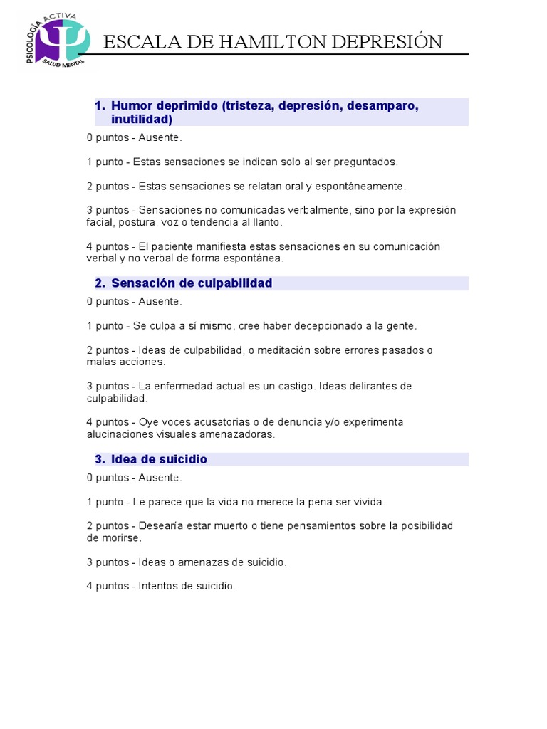 Escala Hamilton para Depresion | PDF | Depresión (estado de ánimo ...