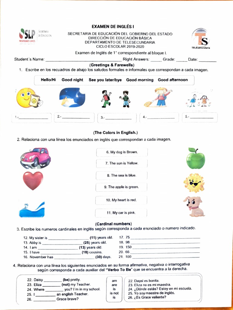 Examen de Ingles 1o. Primer Trimestre | PDF