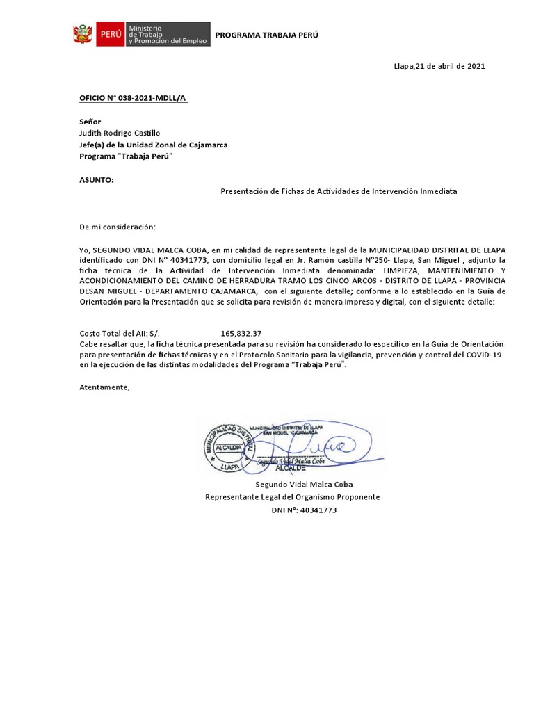 Oficio de Presentación - Ficha 01 | PDF