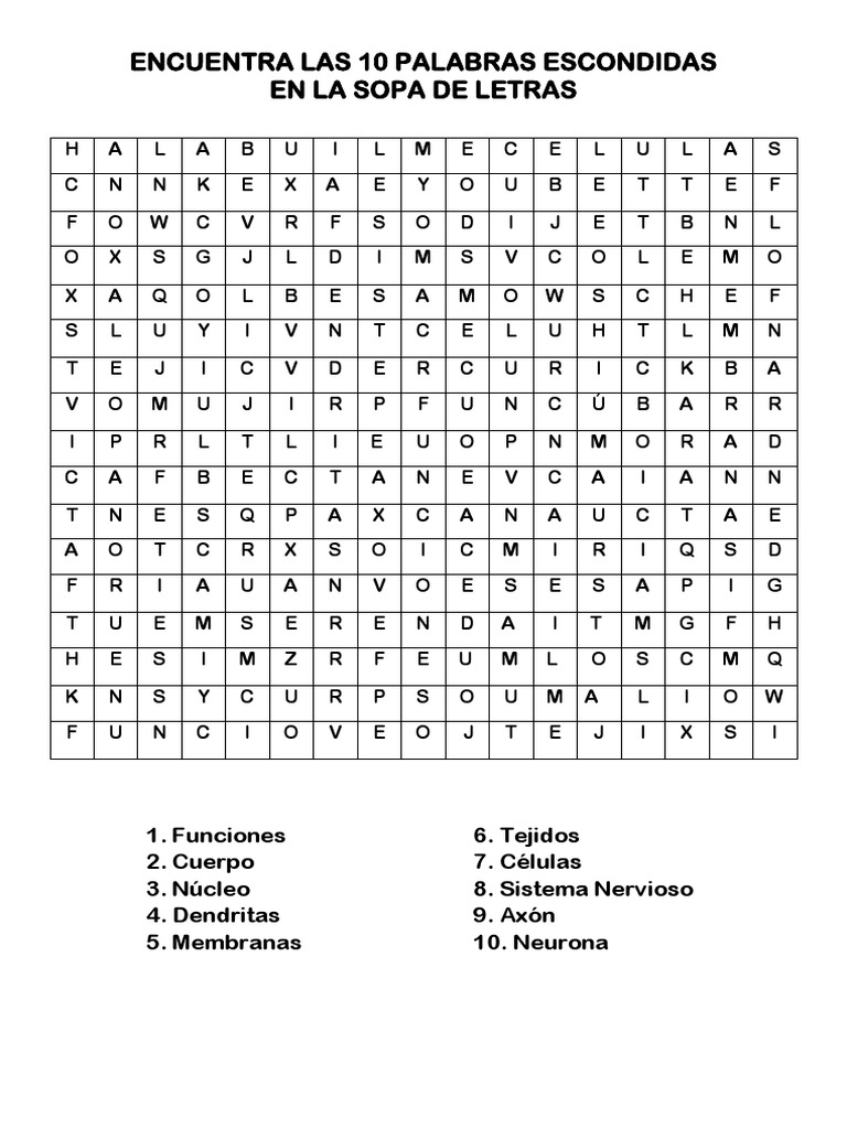 Encuentra Las 10 Palabras Escondidas en La Sopa de Letras | PDF | Axon ...