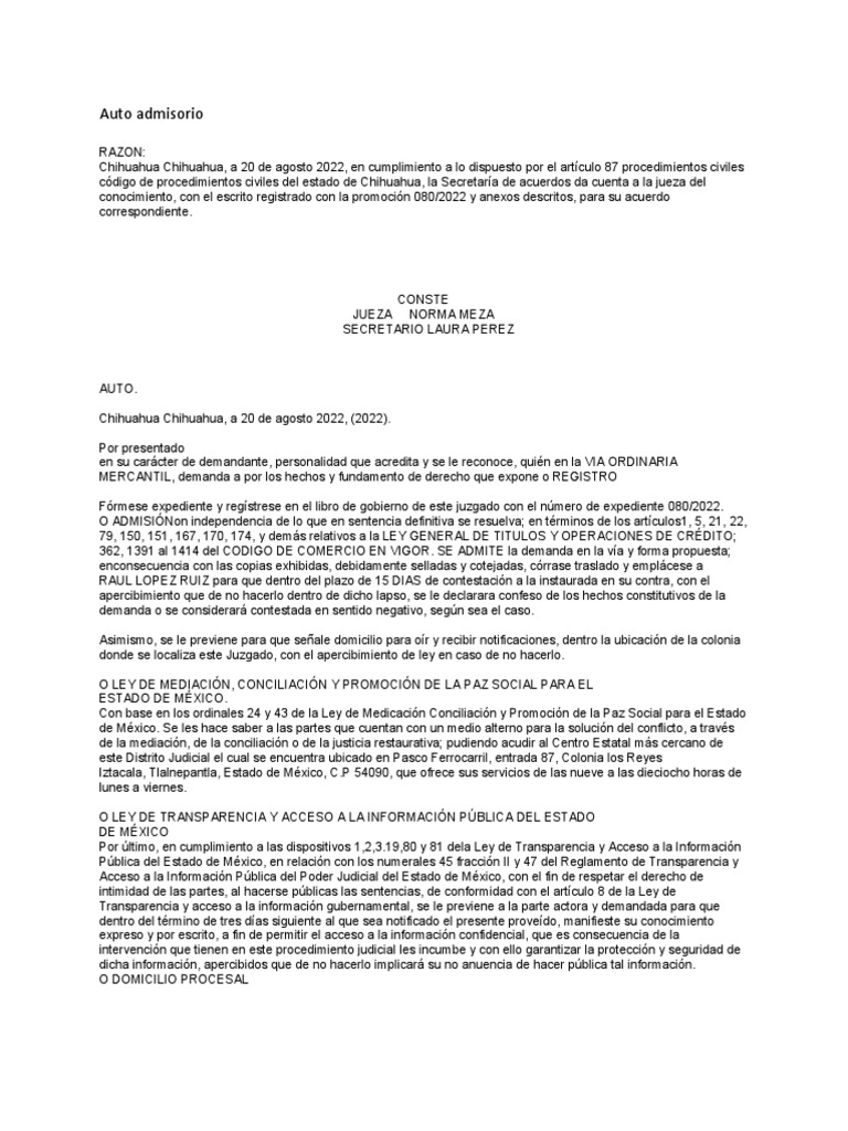 Auto Admisorio EV2 | PDF | Mediación | Demanda judicial