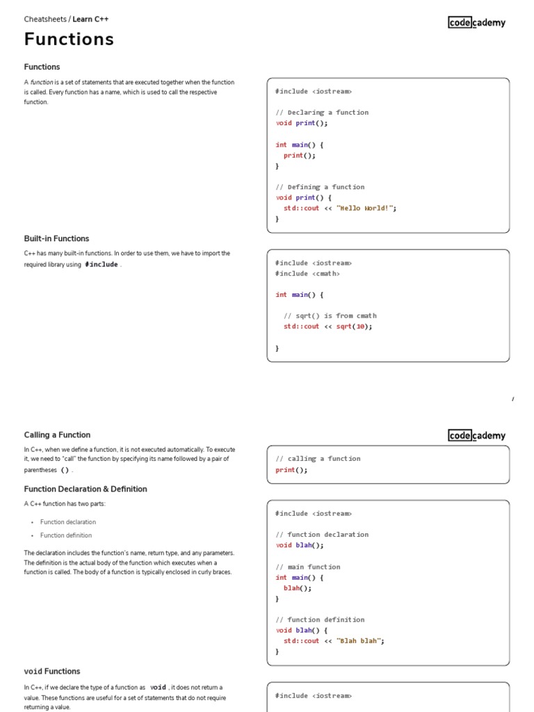 Learn C++ - Functions Cheatsheet - Codecademy | PDF | Parameter ...